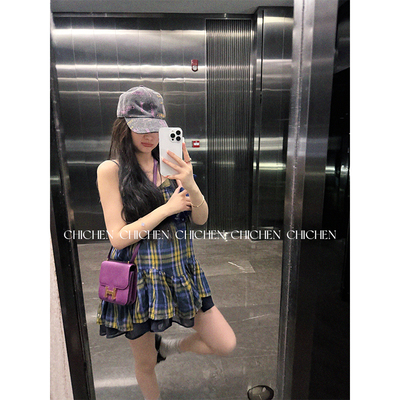 CHICHEN晨妍 又韩又酷 复古格纹女士吊带新款宽松V领无袖连衣裙