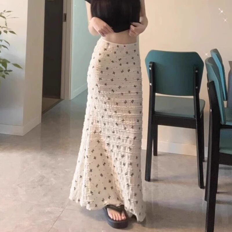 2026新款韩系白色碎花半身裙子女夏季小个子高腰半裙鱼尾包臀长裙