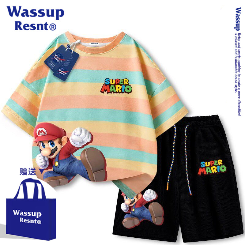 WASSUP马里奥衣服男童套装夏装2026新款男孩夏季短袖服装儿童运动