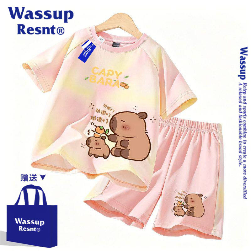 WASSUP卡皮巴拉男女儿童短袖T恤夏季薄款冰丝速干运动中大童衣服