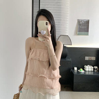CHERRY樱桃家 STUDIO-度假风吊带压褶网纱蛋卷糕款背心65163