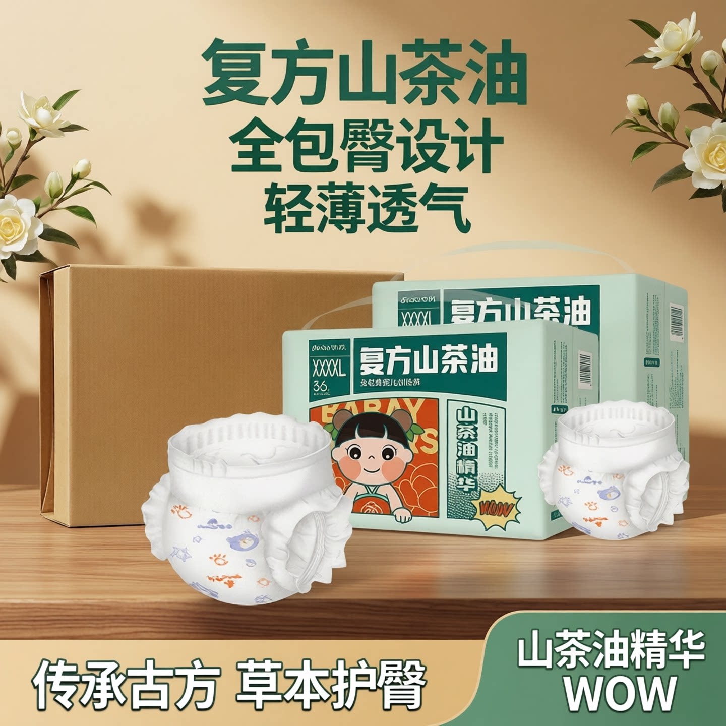 蓓秀民国风婴儿拉拉裤复方山茶油纸尿裤宝宝全包臀学步裤轻薄尿片