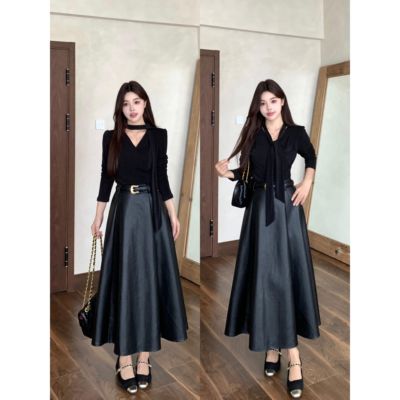 新品大码秋冬穿搭一整套黑色套装大方得体减龄半身皮裙两件套女