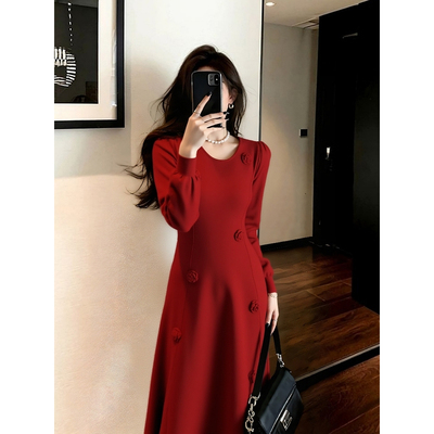 韩国早春特别漂亮大方得体长裙绝美配大衣内搭新年红色针织连衣裙