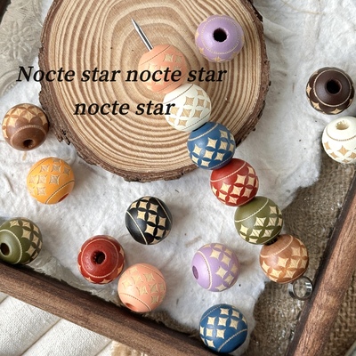 16mm彩色星星纹木刻圆珠 diy手工串珠手链项链手机链配饰散珠材料