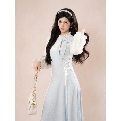 【晴空之绊】法式气质优雅约会穿搭中长裙女温柔水貂绒绑带连衣裙