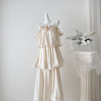 NN | 春夏一字肩荷叶边吊带人鱼姬珠光缎面法式仙女蛋糕裙连衣裙