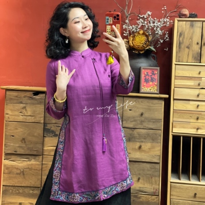 羊在在刺绣民族风开叉连衣裙