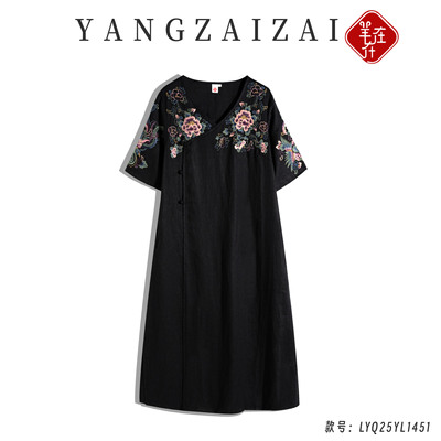 羊在在【东方国色】复古牡丹刺绣纯亚麻连衣裙中长裙LYQ25YL1451