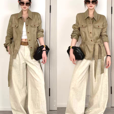 玥儿小众00纯亚麻工装口袋衬衫简约气质上衣衬衫(配腰带)A9991