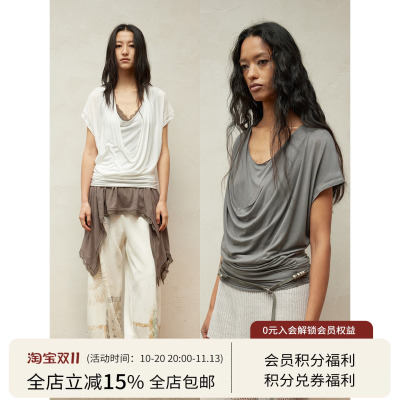 SQUARE CIRCLE 方圆真两件挂脖荡领垂坠堆感收腰休闲短袖T恤上衣