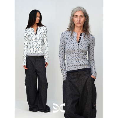 SQUARE CIRCLE 方圆原创设计复古碎花印花修身显瘦亨利长袖T恤