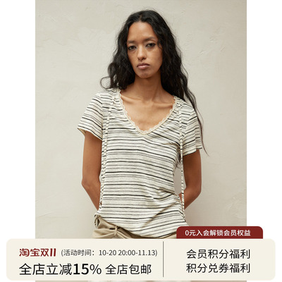 SQUARE CIRCLE 方圆V领蕾丝拼接撞色条纹串珠系带收腰休闲短袖T恤