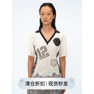 Square Circle 方圆设计感蕾丝拼接字母碎花贴布绣球衣T恤短袖