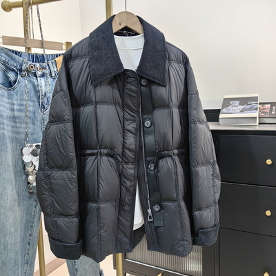 冬新款皮拼接翻领收腰羽绒服女