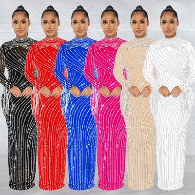 Women mesh rhinestone long sleeved dress女烫钻长裙内衬两件套