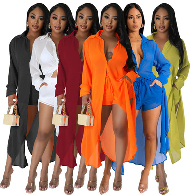 Women's sexy chiffon long shirt shorts beach two-piece set