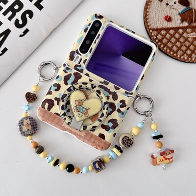 ins韩系豹纹腊肠狗适用华为Purax手机壳pocket2小米MIXFlip荣耀vflip手链oppofindn3flip摩托罗拉r60保护套女