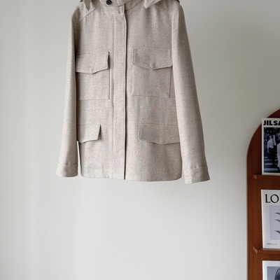 绵羊毛亚麻彩纱口袋立领夹克外套