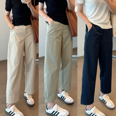 【酒窝家】夏季薄款纯色松紧宽松百搭休闲小个子西装烟管九分长裤