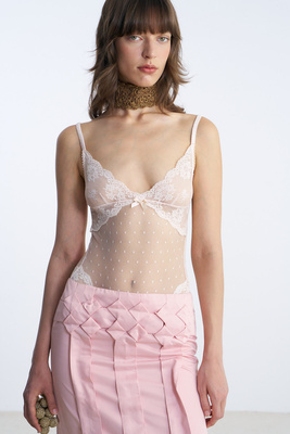 【Nodress】复古粉色蕾丝波点网纱拼接连体衣性感透视套装