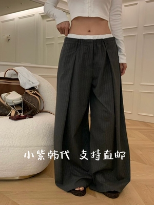 VIRKIN韩国东大门代购26春女装新款松紧腰条纹宽松阔腿休闲裤女