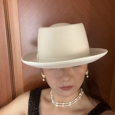mdeke 秋冬新款白色羊毛礼帽女秋冬新款英伦蝴蝶结复古小礼帽子女