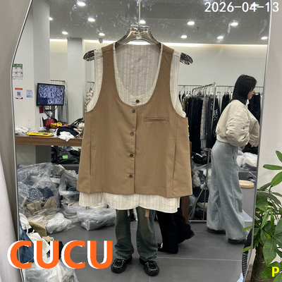 欧洲站拼接假两件宽松无袖上衣