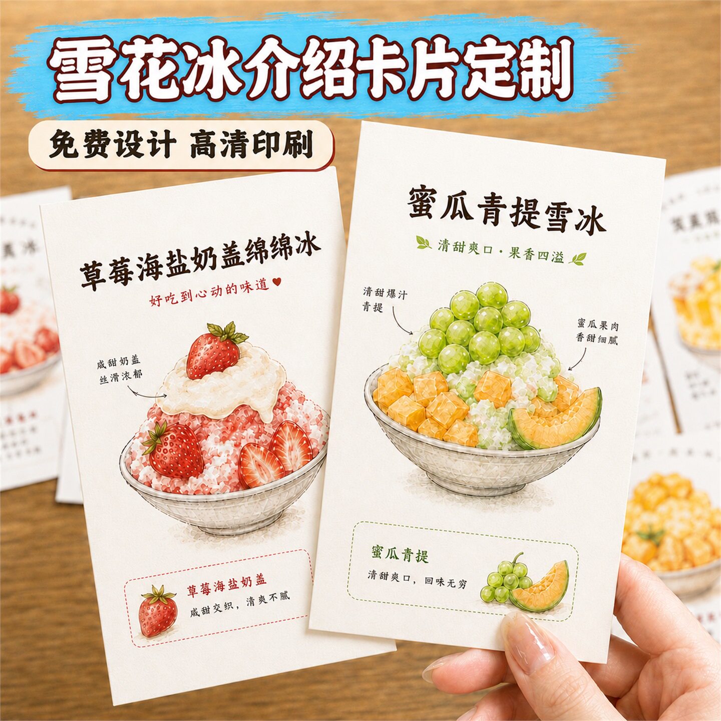 雪花冰介绍卡片定制网红甜品糖水铺食用说明卡手绘明信片贺卡设计