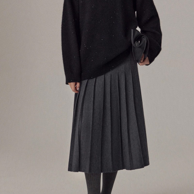 Dakiyo  可机洗60支羊毛知识分子风A字遮肉显瘦百褶半身裙女冬