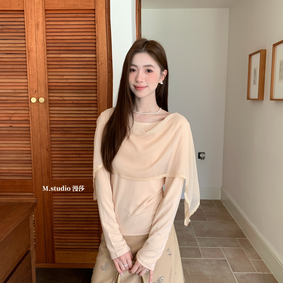 MSTUDIO漫莎-蕾丝雪纺披肩莱赛尔弹力棉气质显瘦假两件小衫C7589
