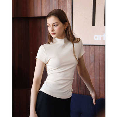 醋酸羊毛半高领收腰显瘦短袖T恤女夏新款百搭修身打底衫内搭上衣