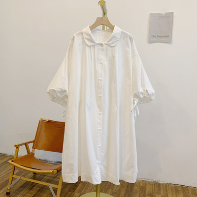 C4134风琴褶袖管系带全开扣翻领短袖连衣裙