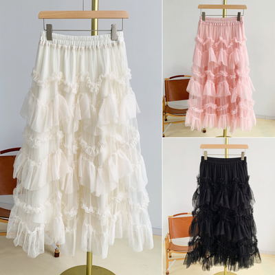 C5723荷叶边网纱松紧腰半身裙