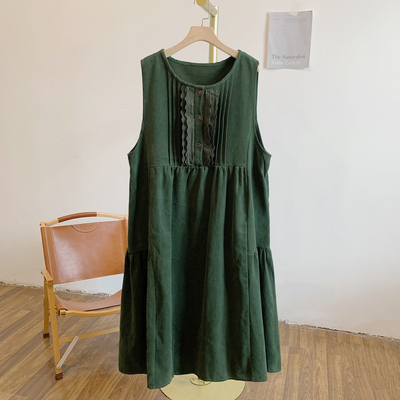 C5058风琴褶蕾丝边半开扣圆领背心裙