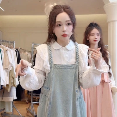 衬衫女款2026新款蕾丝荷叶边婴儿棉长袖宽松白色衬衣女