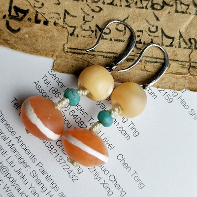 45575西亚千年镶蚀红玉髓线珠旁系天珠耳坠 古董珠宝文玩配饰原创