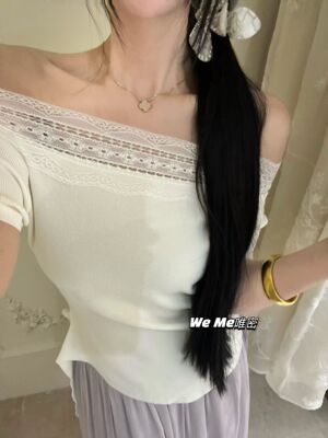 weme法式一字肩蕾丝拼接针织衫女夏季2026新款气质显瘦短袖上衣