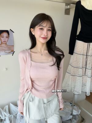 weme春季2026新款法式方领拼接欧根纱吊带背心长袖针织开衫两件套