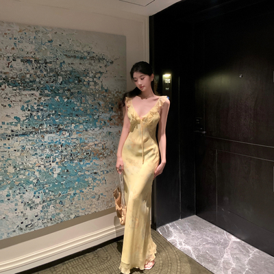 木耳边雪纺印花连衣裙女