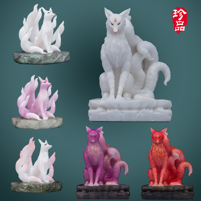 汉白玉仿真九尾小狐狸摆件