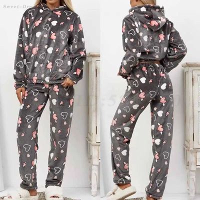 Women Thicken Sleepwear Long Sleeve Flannel 2Pcs Pajamas Sui