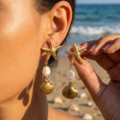 Ocean Style Metal Starfish Shell Pearl Dangle Earrings For W