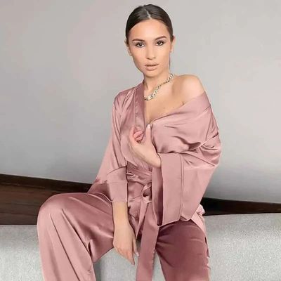 PLUS SIZE Loose Satin Sleepwear Spring Summer Female 2PCS Pa