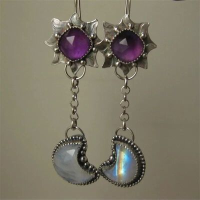 Vintage Round Purple Stone Flower Earrings Originality Silve