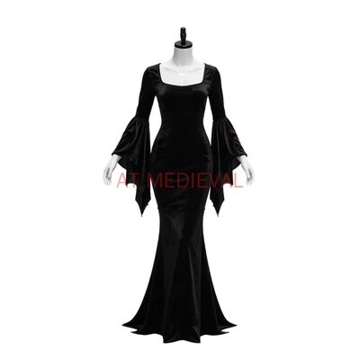 Halloween Morticia Adams Primate Black Gothic Fishtail Dress