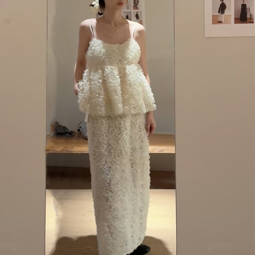 设计师买手店立体提花羽毛吊带背心上衣半身裙套装花苞时尚两件套