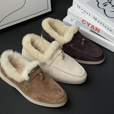 2025冬季新款lp加绒加厚保暖一脚蹬乐福鞋女平底懒人单鞋羊毛绵鞋