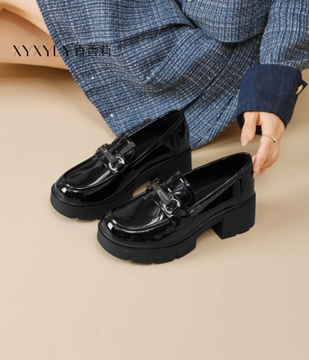 香香莉女鞋2026春季新款33005英伦韩版粗跟中跟舒适女单鞋乐福鞋