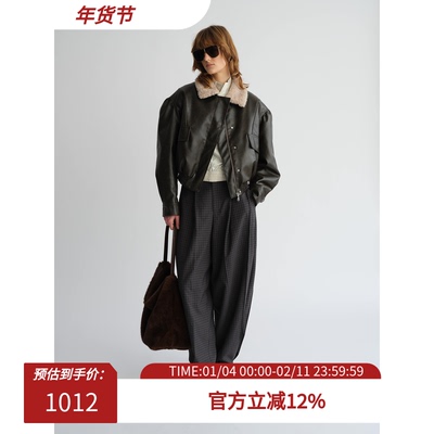 PREEKEND 咖色阔型抽褶翻领飞行员短皮夹克